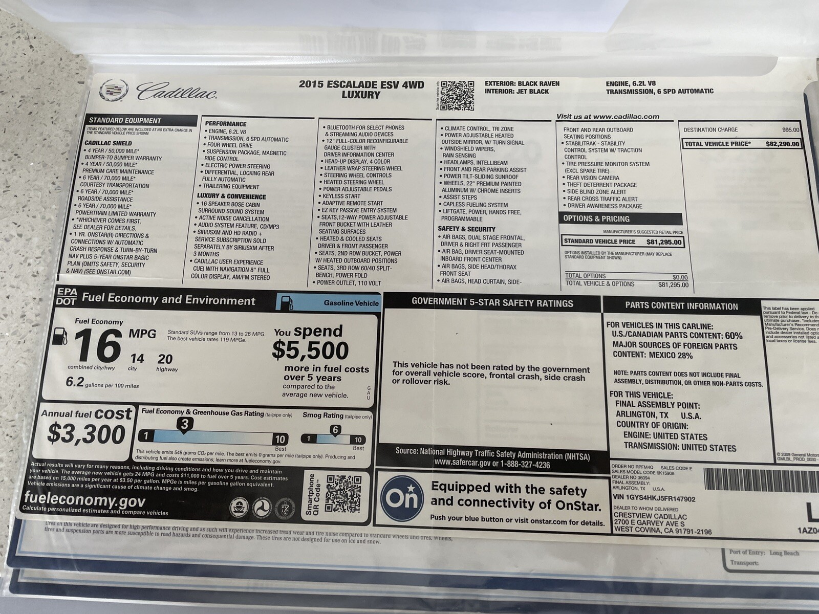 2015 Cadillac Escalade Original MSRP Window Sticker | eBay