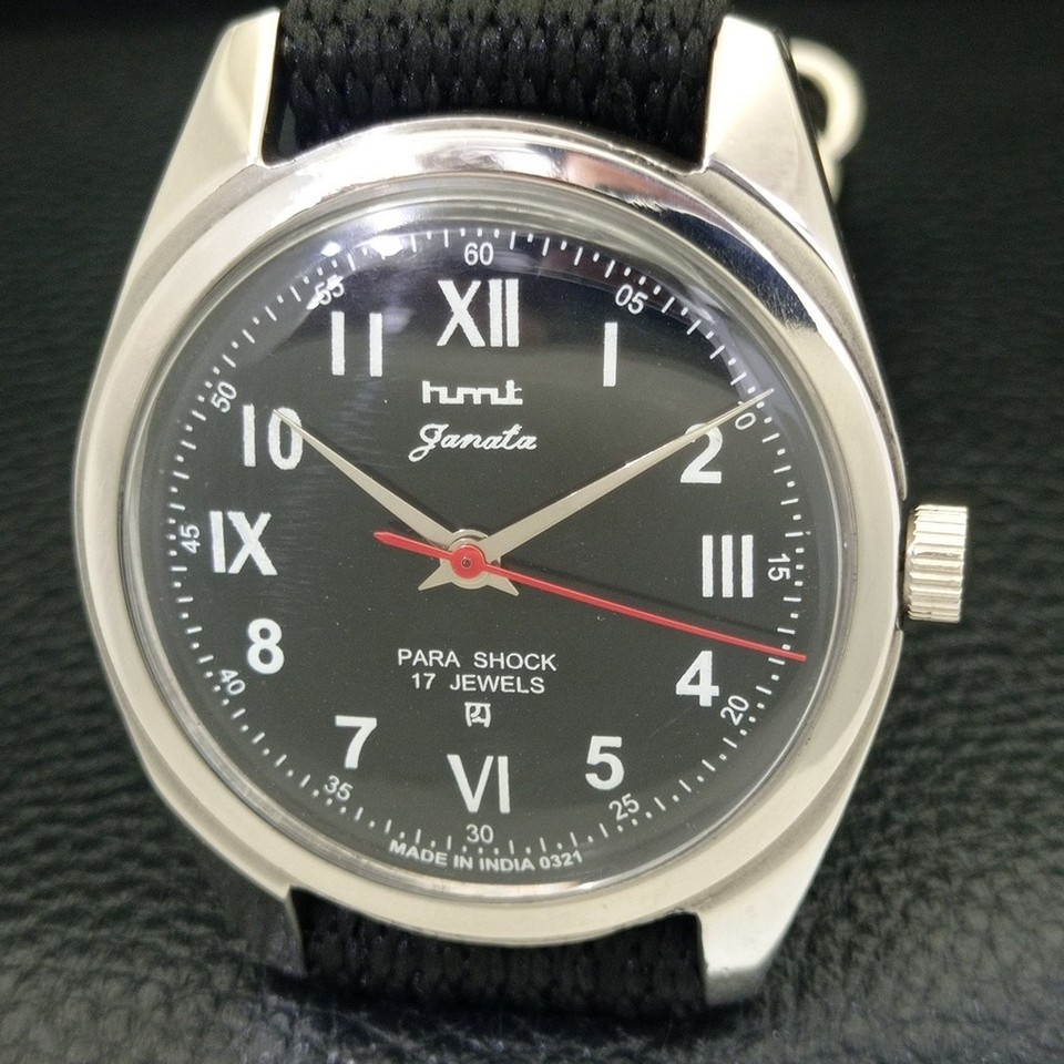 HAND-WINDING VINTAGE HMT JANATA INDIAN MENS BLACK COLOR DIAL WATCH ...