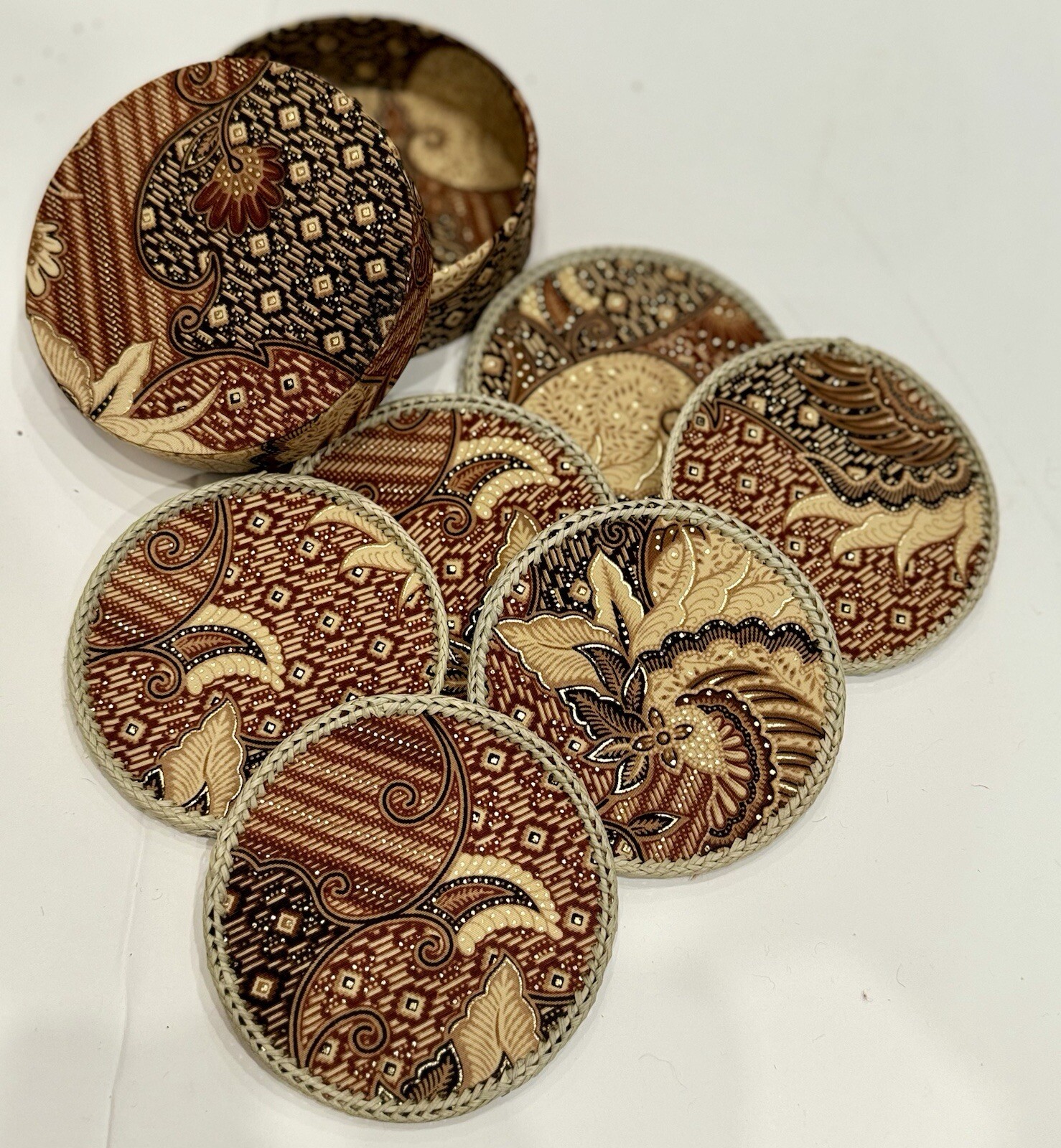 Fabric Rattan Wicker Coaster Set (6) Batik Boho Tiki Rattan Fabric ...