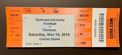 Clemson Tigers 2015 NCAA football ticket stub vs Syracuse - Carrier ...