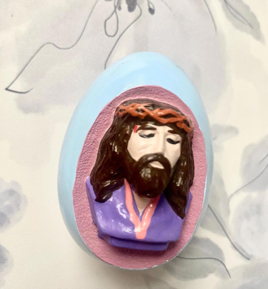 Vintage Hand-Painted Wooden Egg Jesus Portrait Easter Religious Spring ...