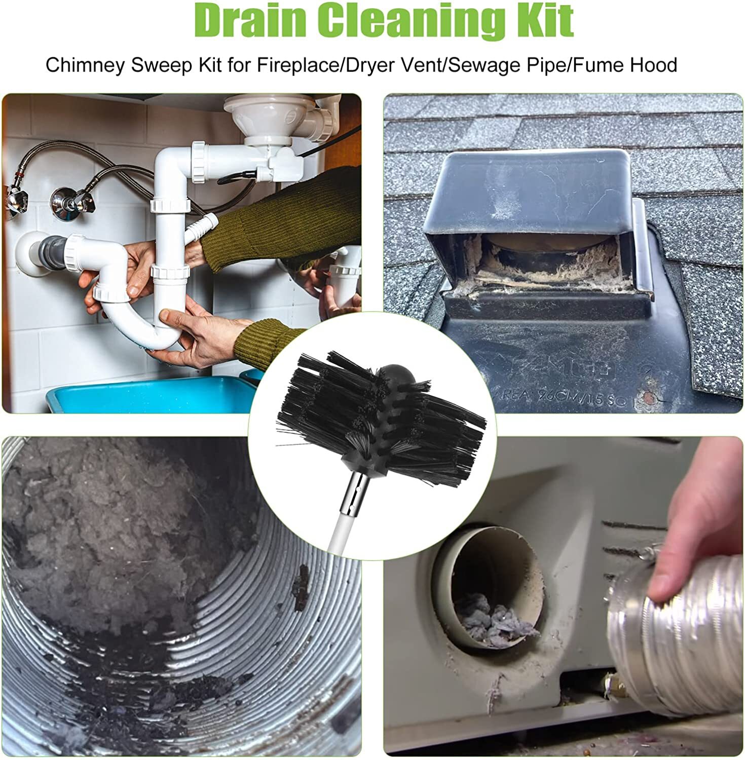 Chimney Sweep Set 10cm Flue Sweeping Brush & Rod Kit Soot Cleaning Rods ...