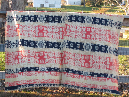 Antique Woven Red Blue Tan Floral Coverlet Signed Frederick County MD ...