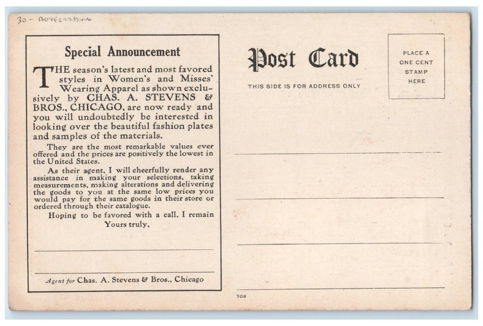 Pretty Womens Chas A Stevens & Bros Chicago Advertising Unposted ...