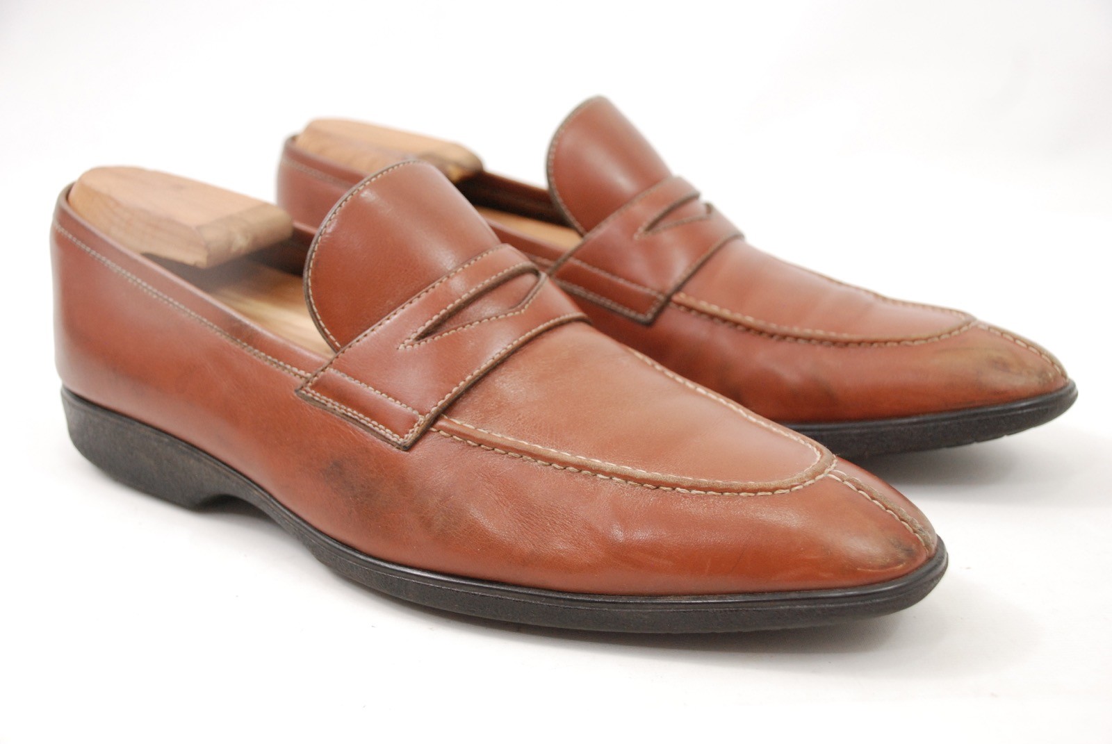 a.testoni Italy Brown Leather Split Toe Penny Loafers Rubber Soles 9D ...