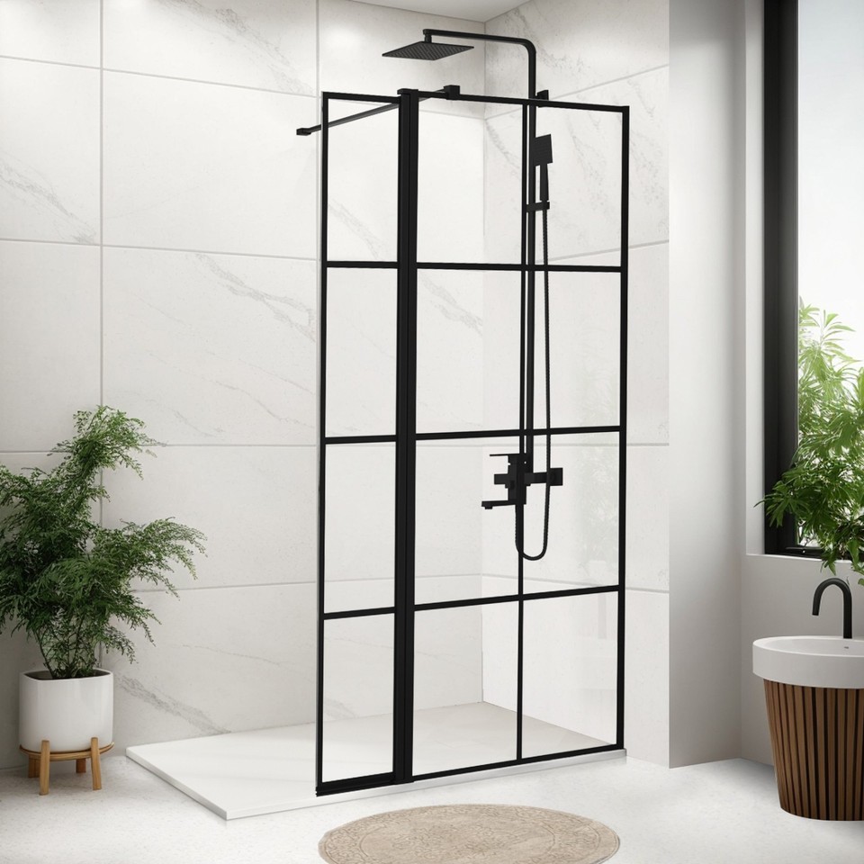 Black Grid Shower Screen Walk In Shower Enclosure 8mm Glass Panel ...