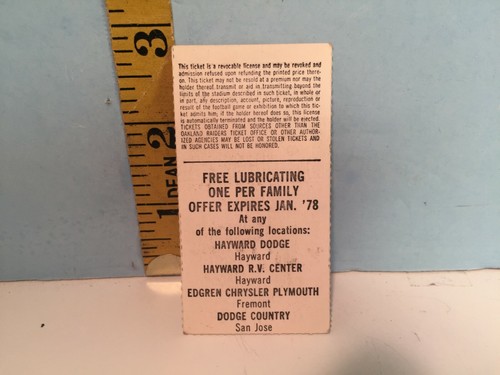 1977 Oakland Raiders Football Ticket Stub v Denver Broncos Oct. 16 VG ...