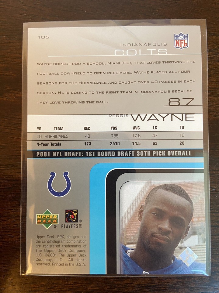 2001 SPX #105 Reggie Wayne Rookie Card Indianapolis Colts /999 RC Mint ...