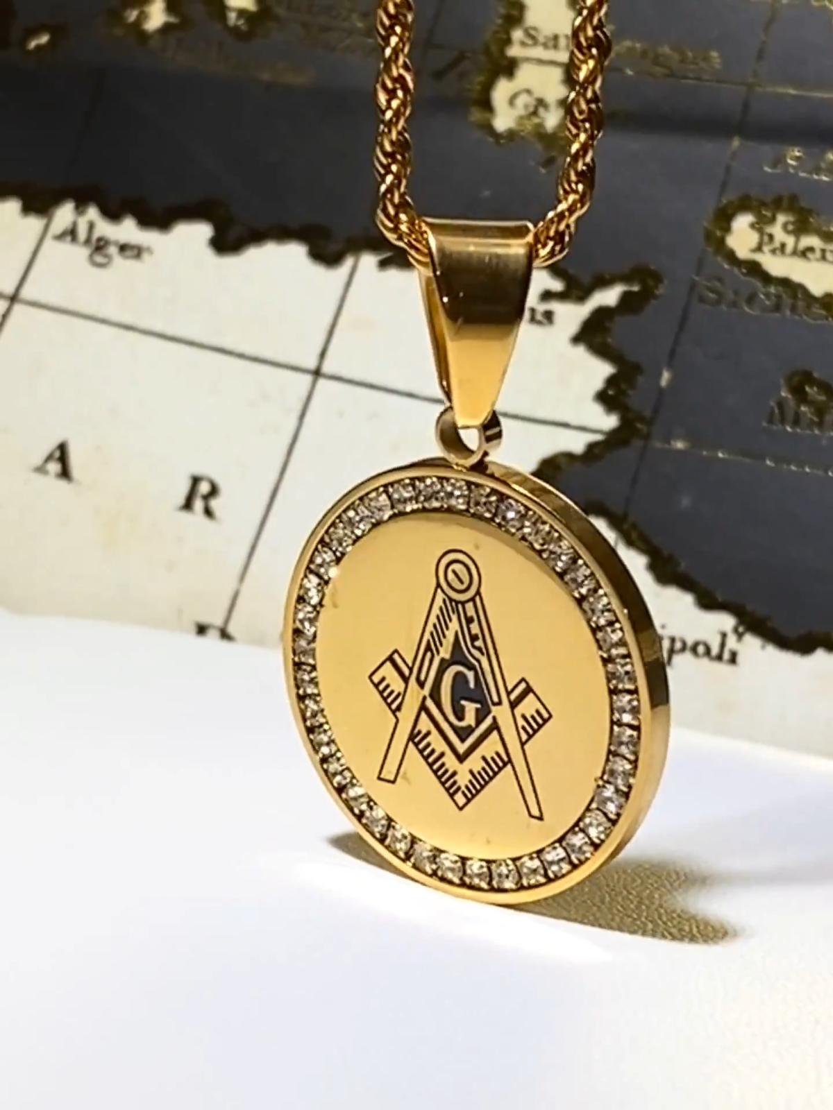 Mens 14k Gold Mason Symbol G Masonic Freemason Iced Pendant Rope Chain ...