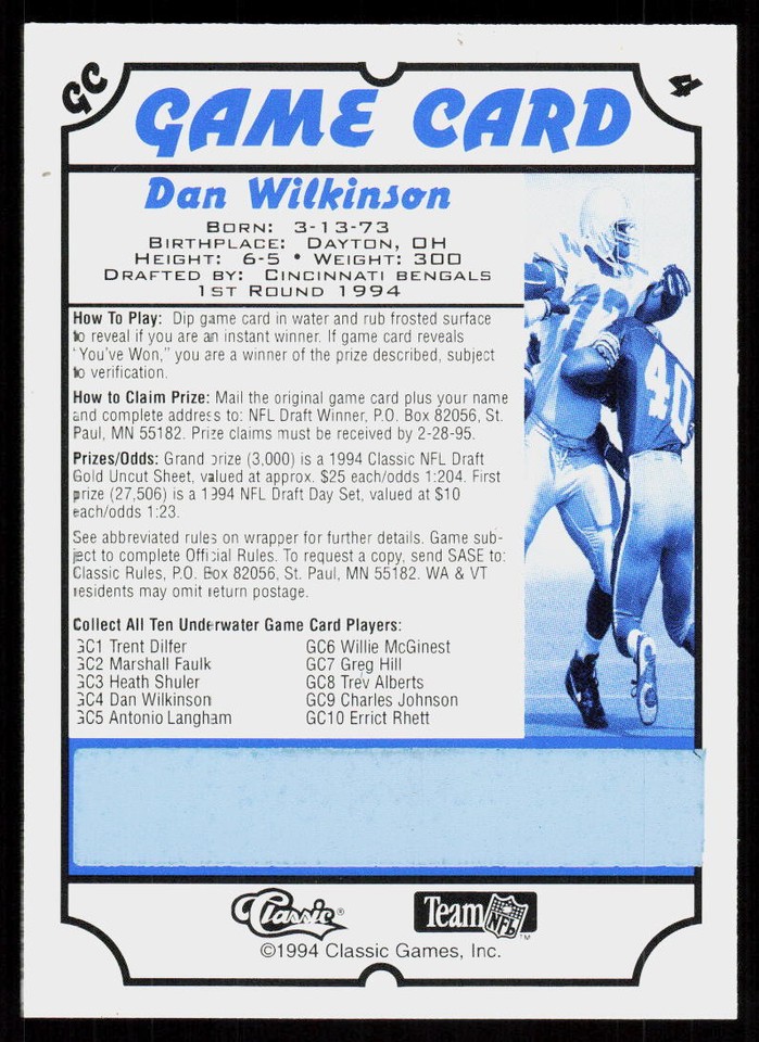 1994 Classic NFL Draft Dan Wilkinson #GC4 Football Cincinnati Bengals ...