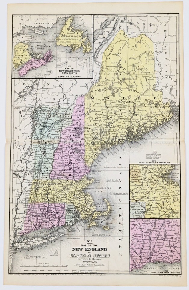 1852 NEW ENGLAND Map ORIGINAL (16.5x10.5) MAINE MASSACHUSETTS ...