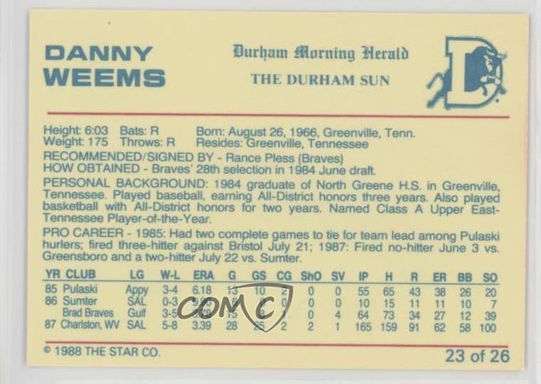 1988 Star Durham Bulls Orange Danny Weems #23 | eBay