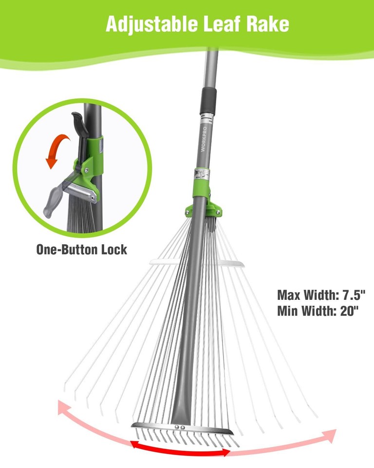 WORKPRO Heavy Duty Leaf Rake Telescopic 32"-63" Adjustable Metal ...