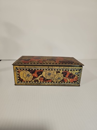 VINTAGE CANCO REDish orange BLACK GOLD FLORAL CANDY TIN BOX | eBay