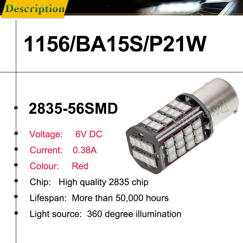 2 x 6V 56SMD LED RED Car Bulb 1156 BA15S P21W Light Brake/Turn/Tail ...