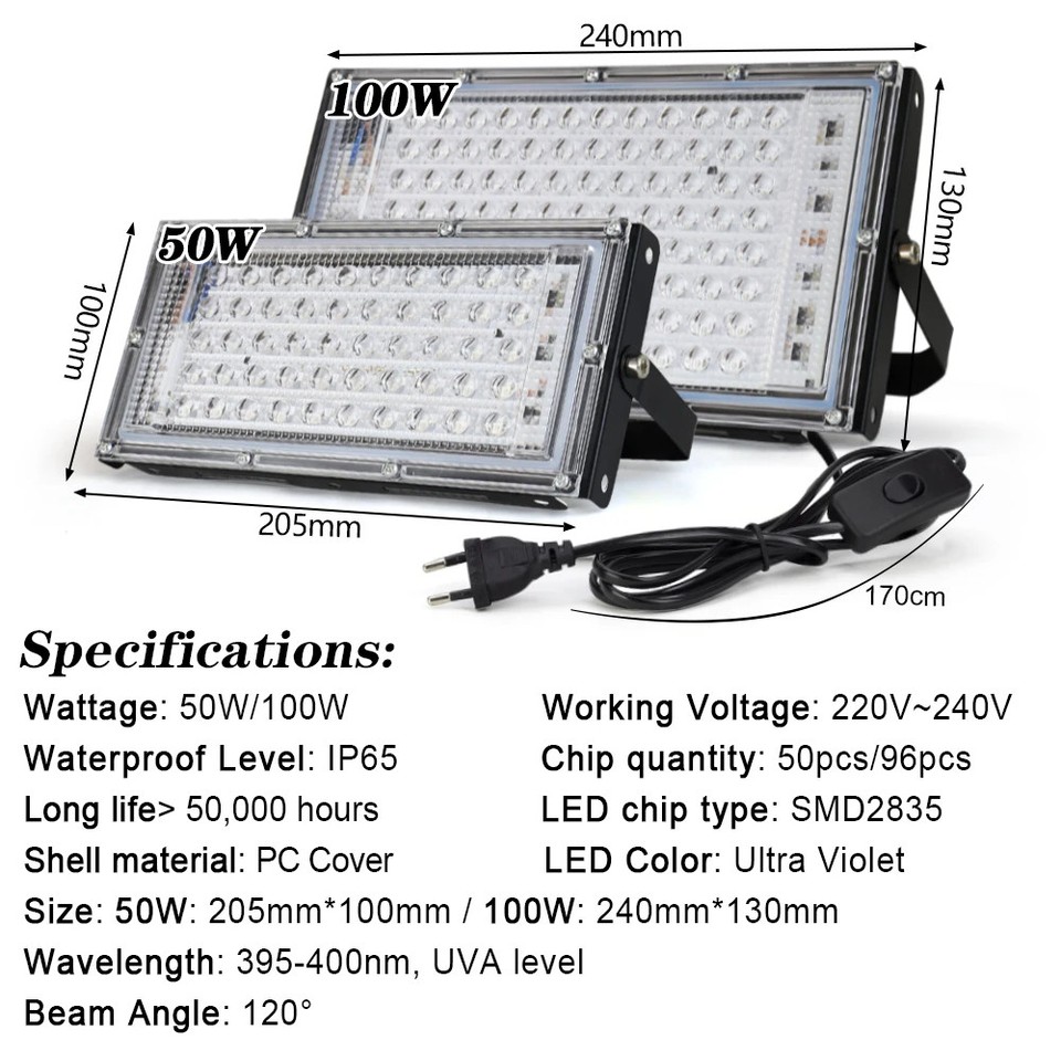 UV Led Flood Light 50W 100W 150W 220V Outdoor Floodlight 395nm 400nm ...