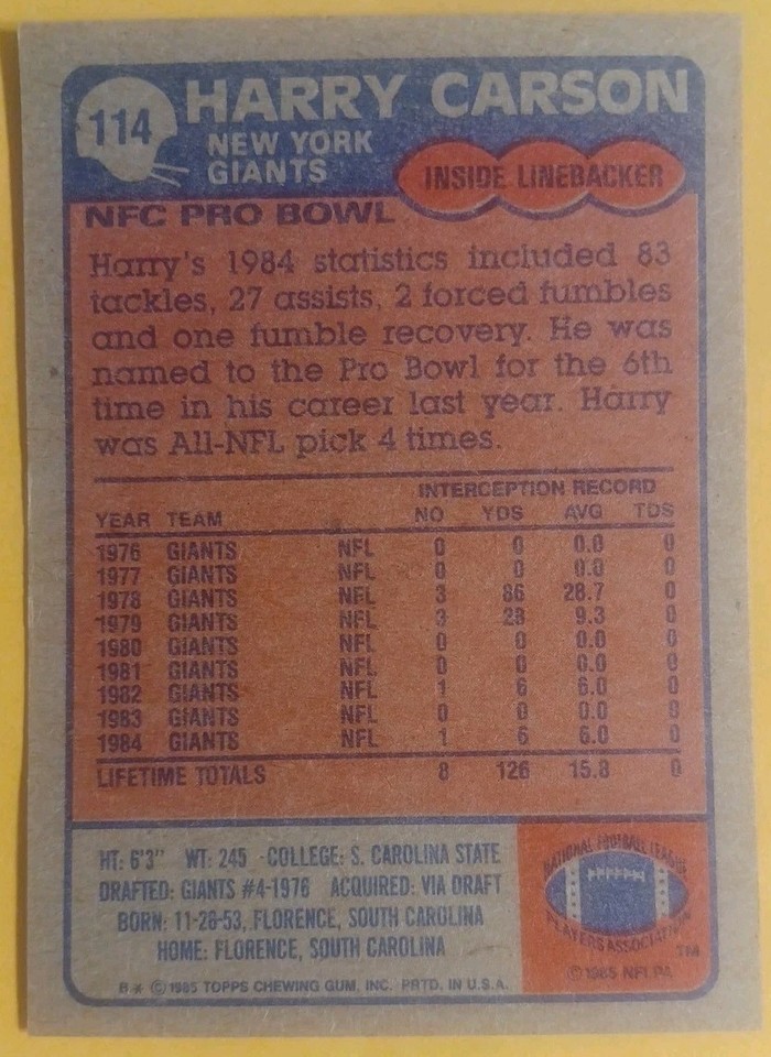 1985 TOPPS #114 NEW YORK GIANTS HARRY CARSON HOF [2] NM/MT 05850 | eBay UK
