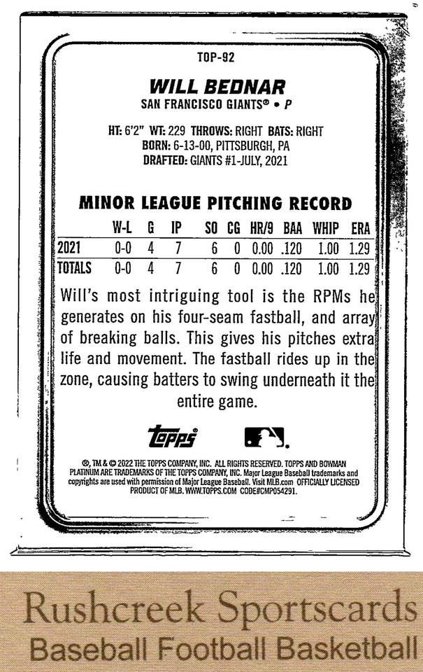 2022 Bowman Platinum #TOP-92 Will Bednar Giants Top Prospects Ice ...