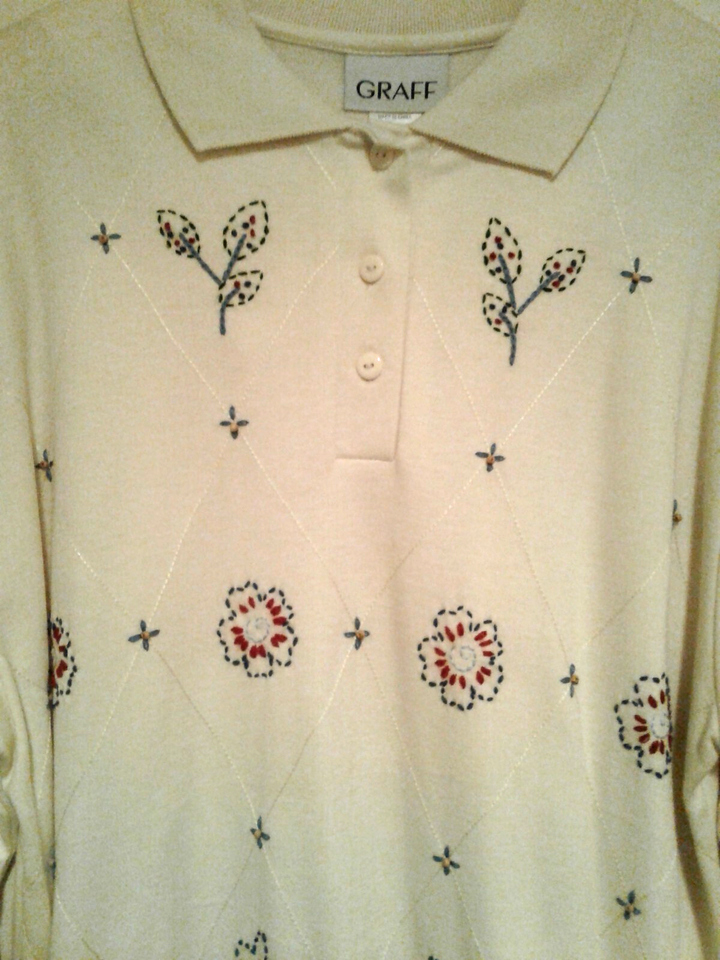 Vintage Graff Pullover Top Women's Size L embroidered Buttons Collared ...