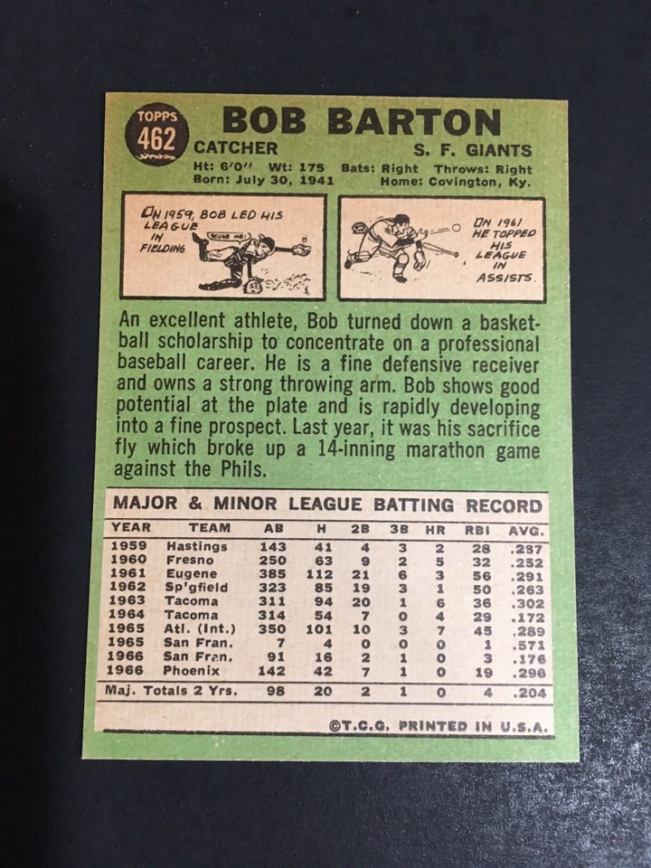 1967 TOPPS BOB BARTON, #462, NM (Free Shipping On Any 3!) | eBay