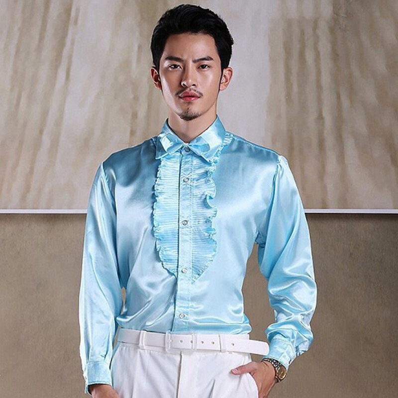 Men Long Sleeve Top Ruffle Pleated Front Shirt Wet-Look Frill Top Shiny ...