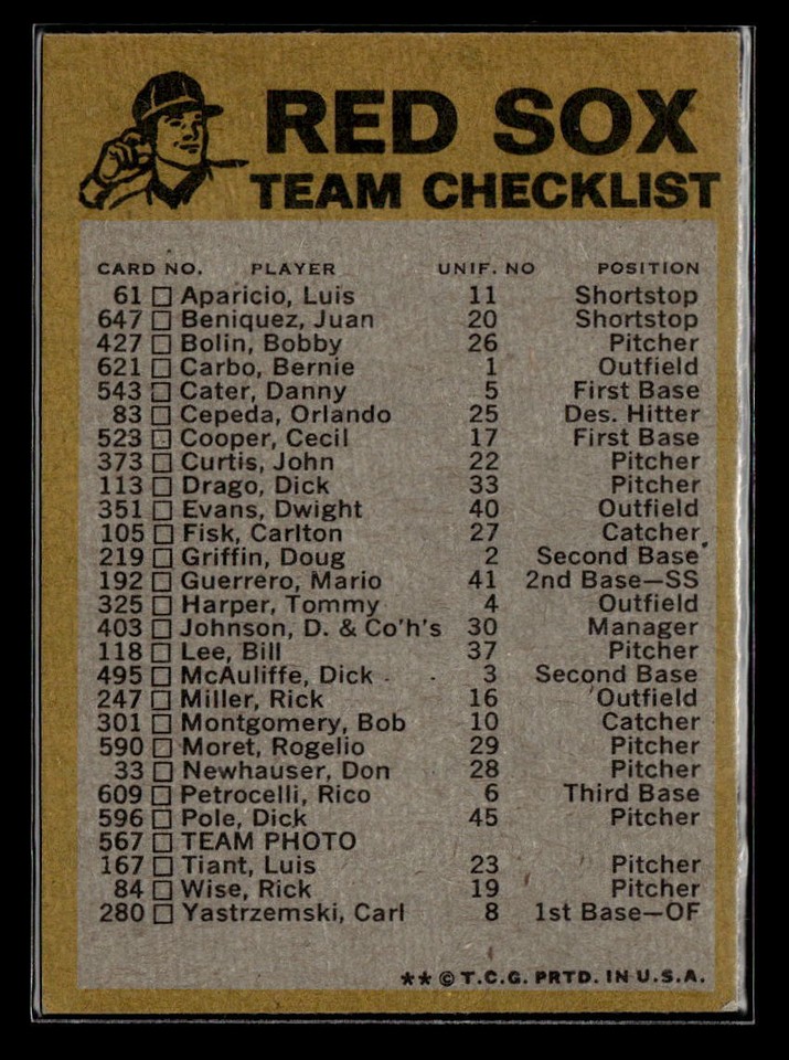 1974 Topps Team Checklists #NNO Boston Red Sox - NM/MT+ Set Break! | eBay