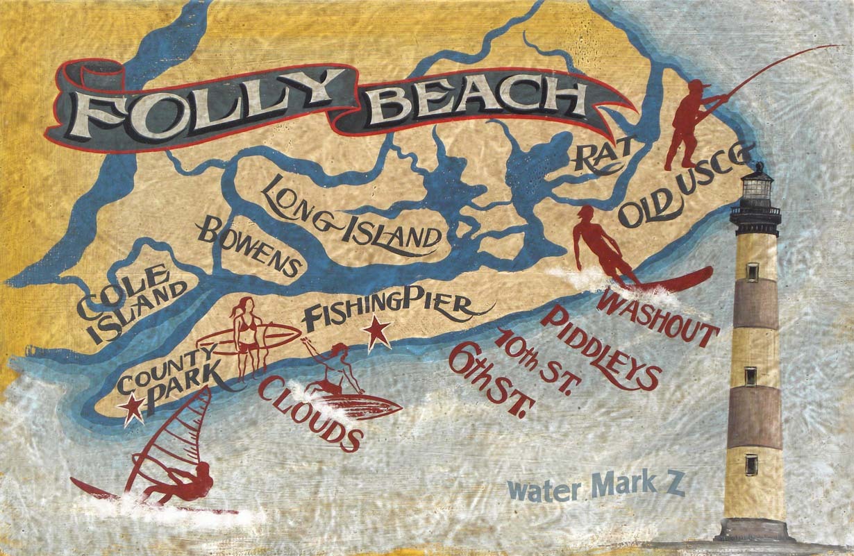 Folly Beach SC coastal retro map Print art Beach lighthouse south ...