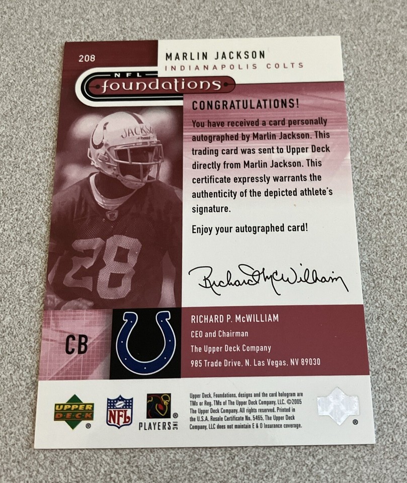 2005 Upper Deck Rookie Foundations Auto #208 Marlin Jackson Colts /699 ...