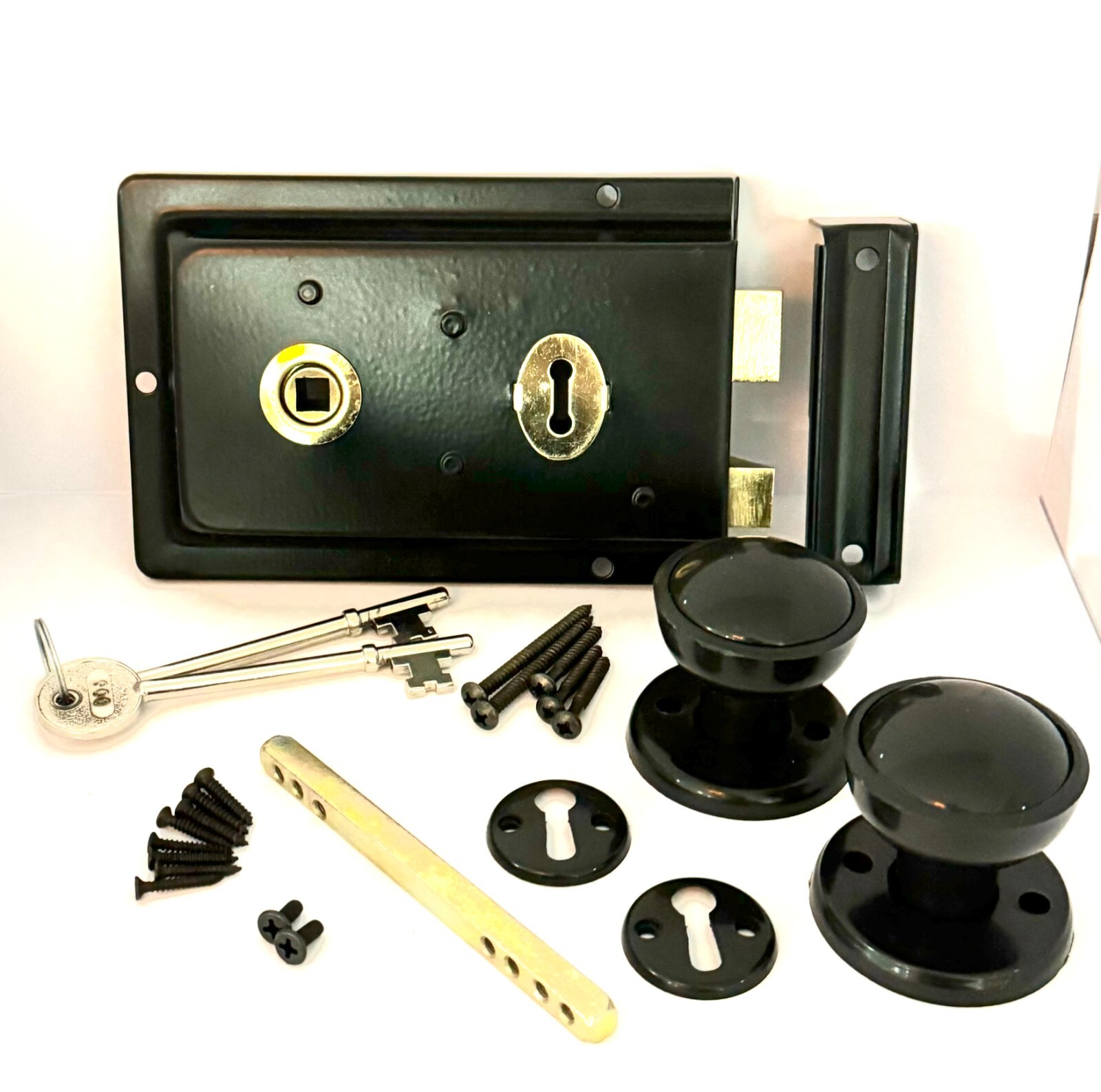 Traditional Rim Lock 6" x 4" with Rim Knob Set Black Shed Door with ...