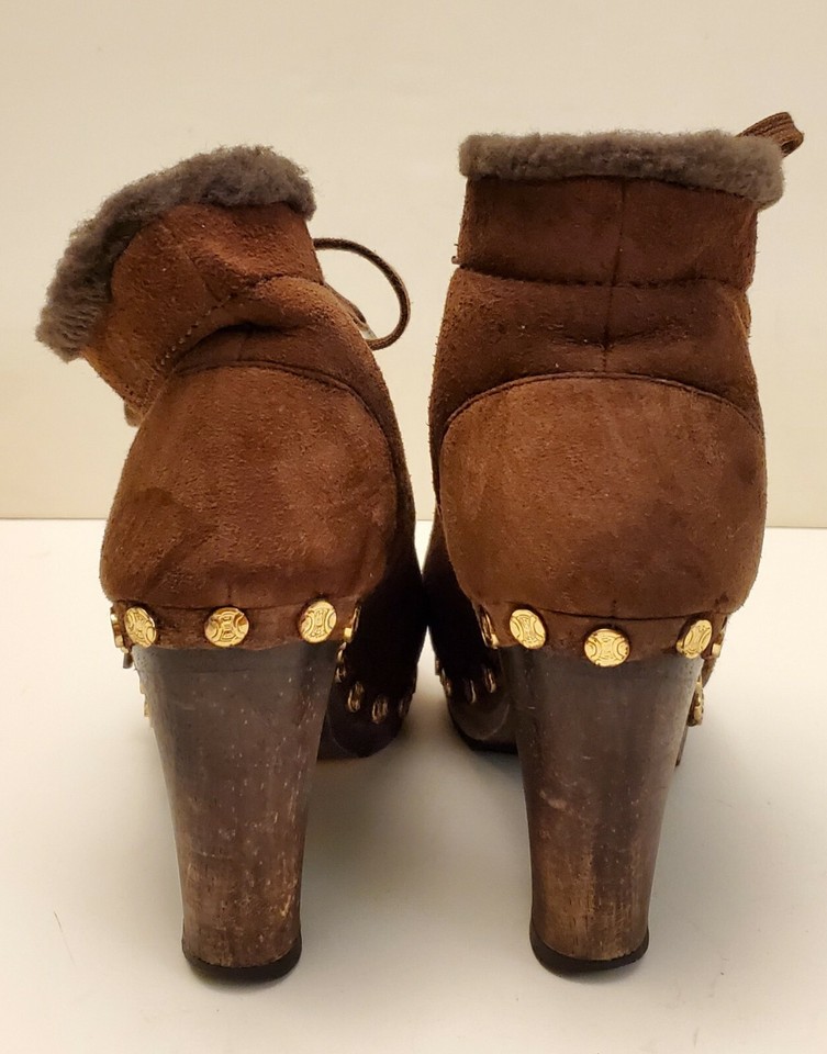 Black Friday Celine Shearling Booties Clog Wooden Heel Womens Shoes ...