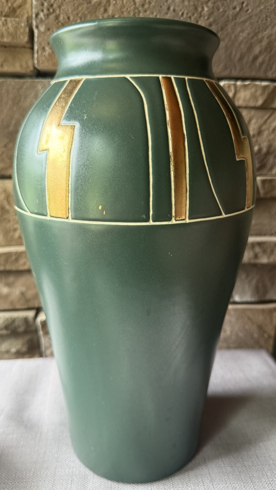 VINTAGE HARRIS POTTERY CHICAGO CAIRO GOLD 12.5" TALL VASE GREEN & GOLD ...