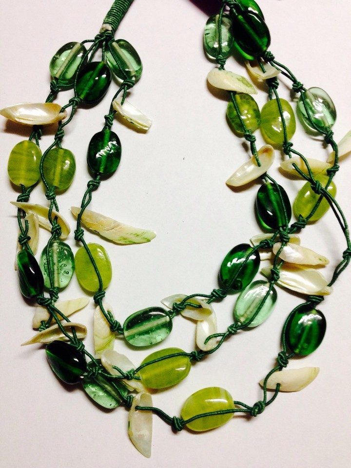 Handmade Necklace, Shell Rope Beaded, Green, Choker, Multi-strand ...