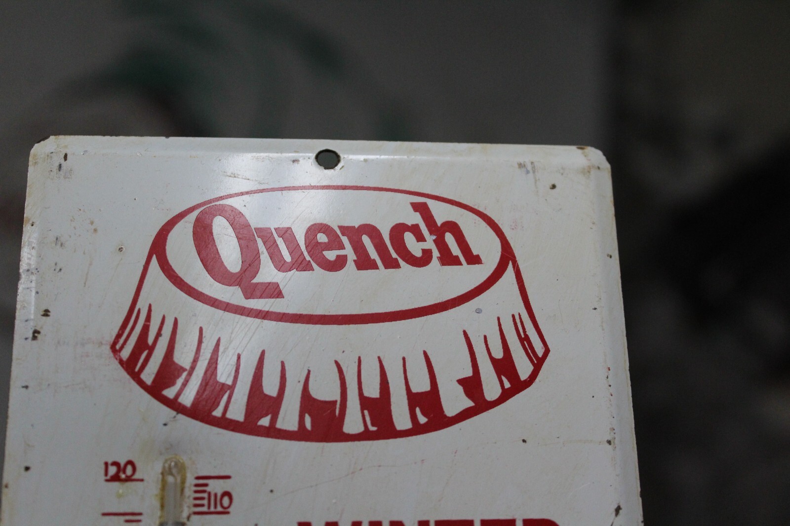 1960s QUENCH SODA POP DEALER PAINTED METAL THERMOMETER SIGN SUMMER OR ...