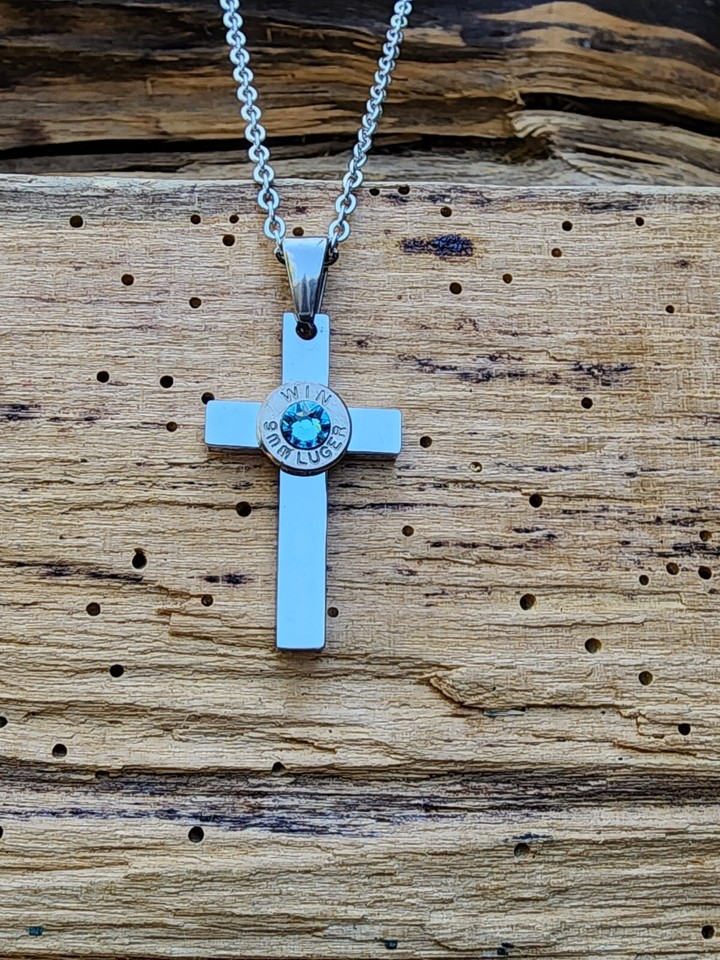 Stainless Steel Cross Bullet Necklace with 9 mm Bullet. Optional Glass ...