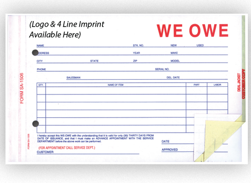 3-PART WE OWE FORM SNAP OUT FORM FOR CAR DEALERS 100 PER PACK ...