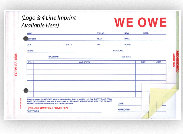 3-PART WE OWE FORM SNAP OUT FORM FOR CAR DEALERS 100 PER PACK ...
