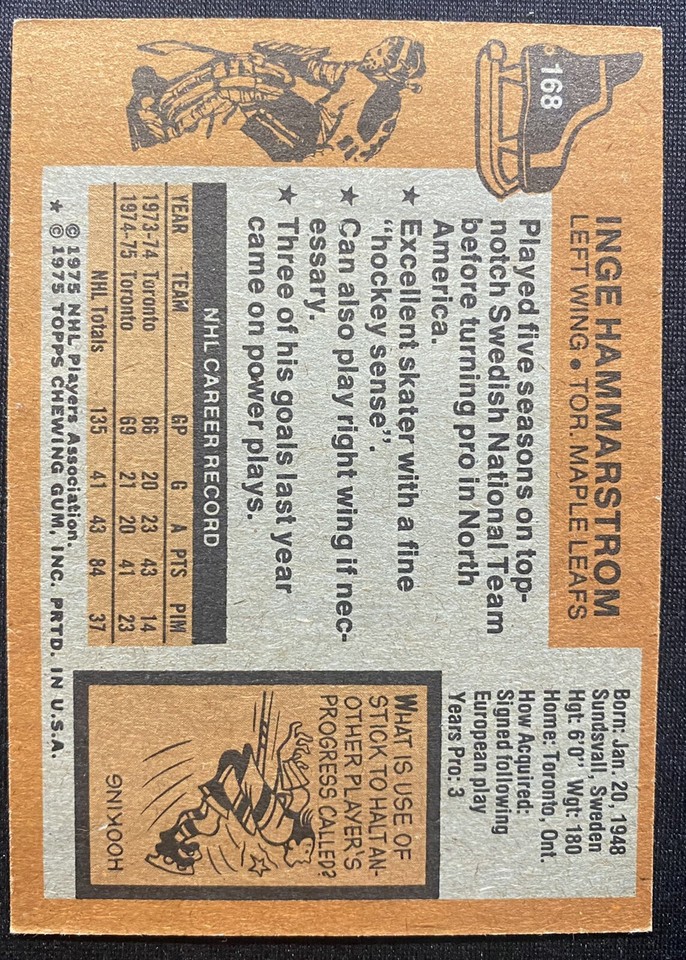 1975-76 Topps - Inge Hammarstrom #168 ExMt | eBay