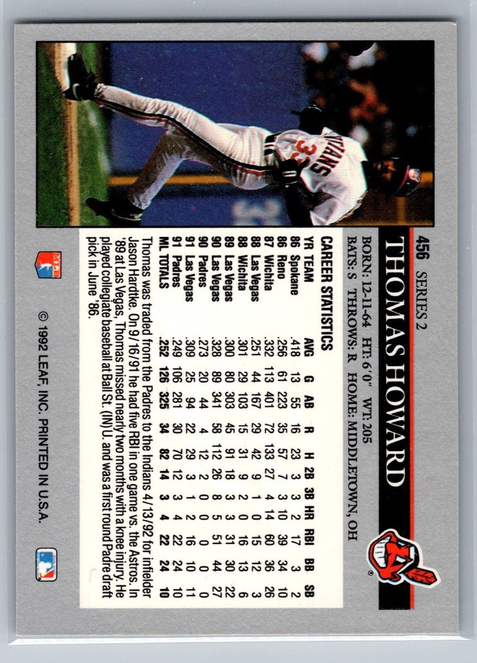 Thomas Howard 1992 Leaf BASEBALL #456 Cleveland Indians | eBay