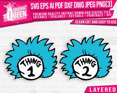 Thing 1 Thing 2 layered digital file Dr Seuss Thing one two Hair SVG ...
