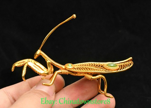 3.5'' Old Chinese Bronze Gilt Inlay Gem Mantis Tanglang Insect Animal ...