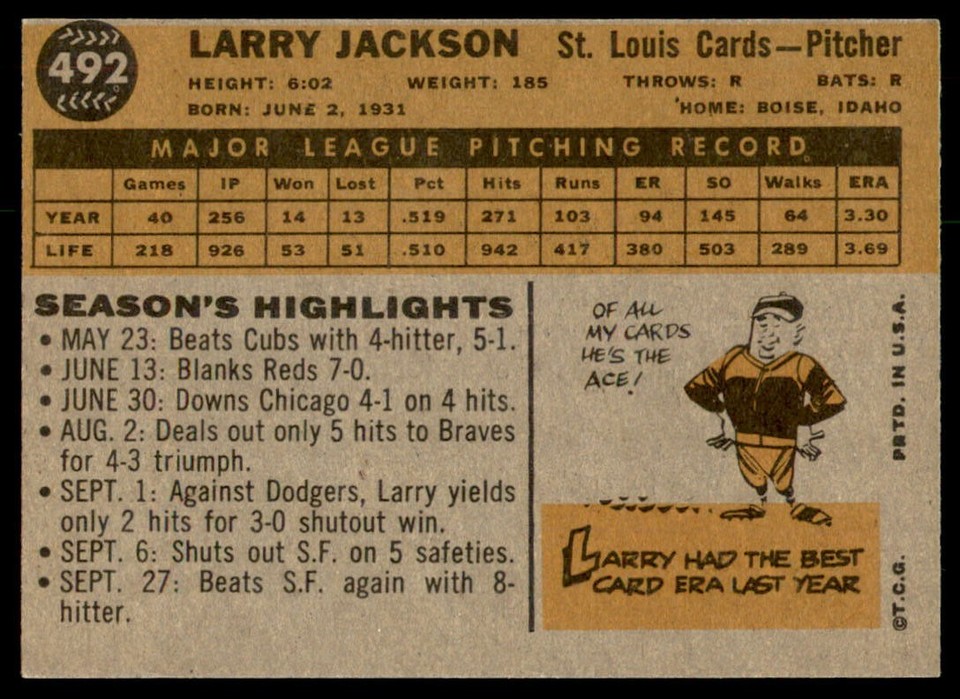 1960 Topps #492 LARRY JACKSON St. Louis Cardinals EX-EX+ | eBay