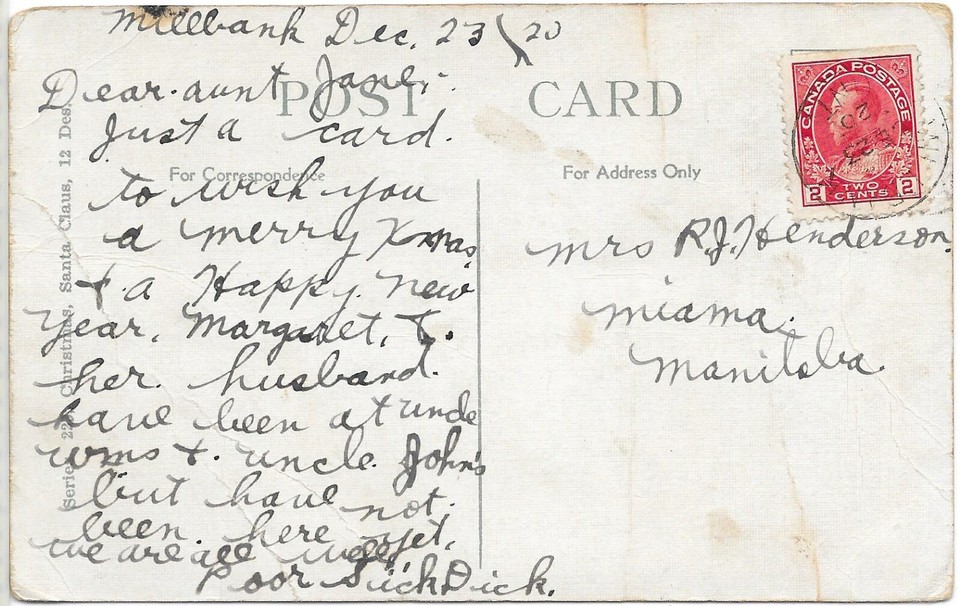 1920 Christmas Postcard from Millbank, Ont (CDS) to Miami, Man. 2c ...