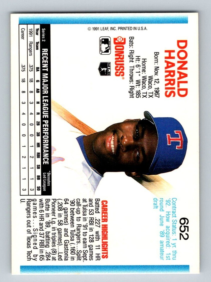 1992 Donruss #652 Donald Harris Texas Rangers | eBay