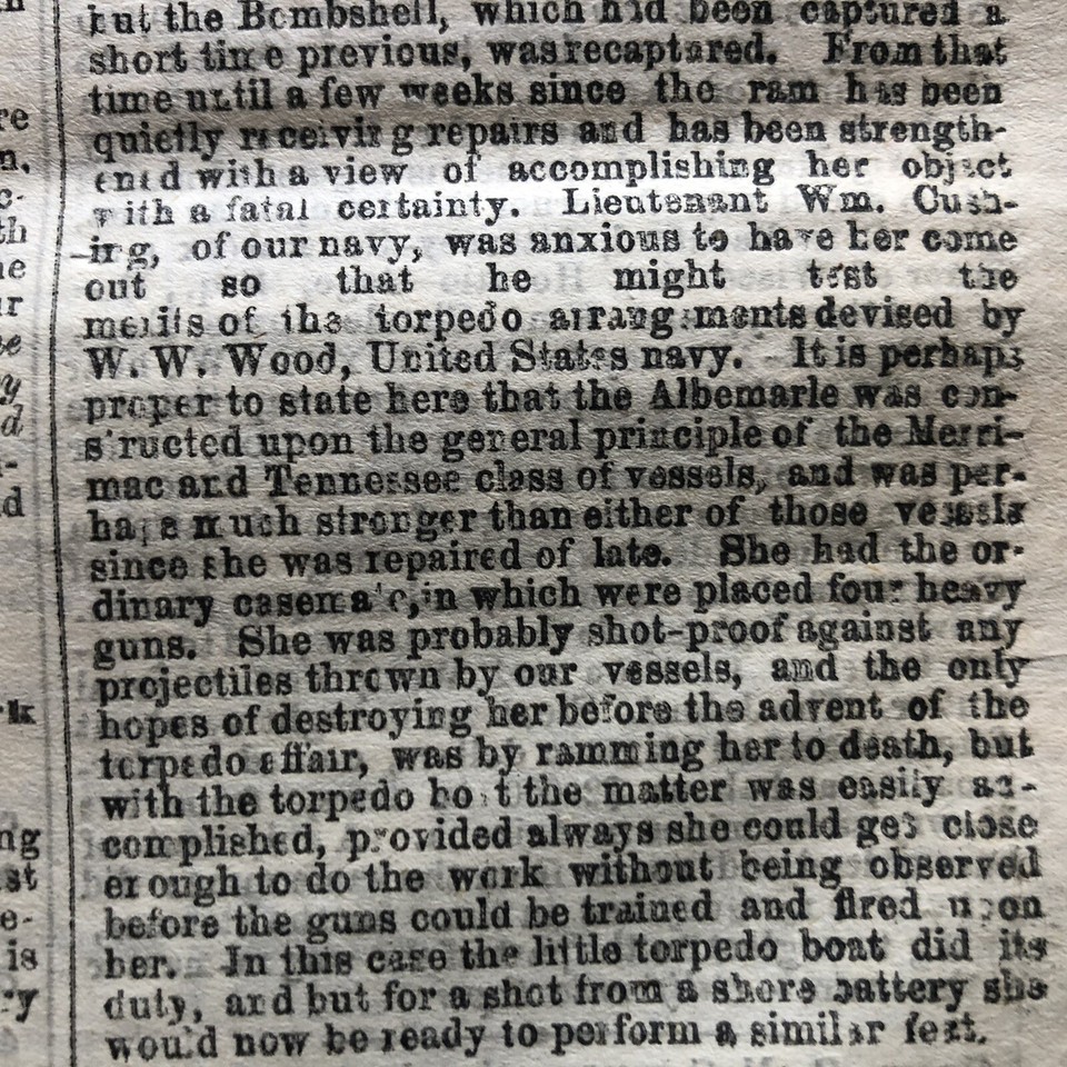 2 1864 CIVIL WAR newspapers CONFEDERATE RAM CSS ALBEMARLE SUNK in US ...