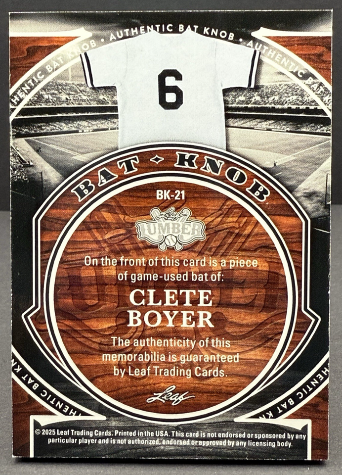 2025 Leaf Lumber Clete Boyer 1/1 NM+ NY Yankees Game Used Bat Knob cc30 ...