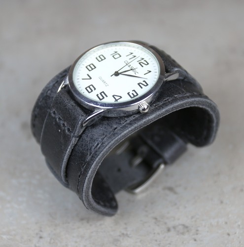 Leather watch bund band Military Black Distressed strap cuff pad 18mm ...