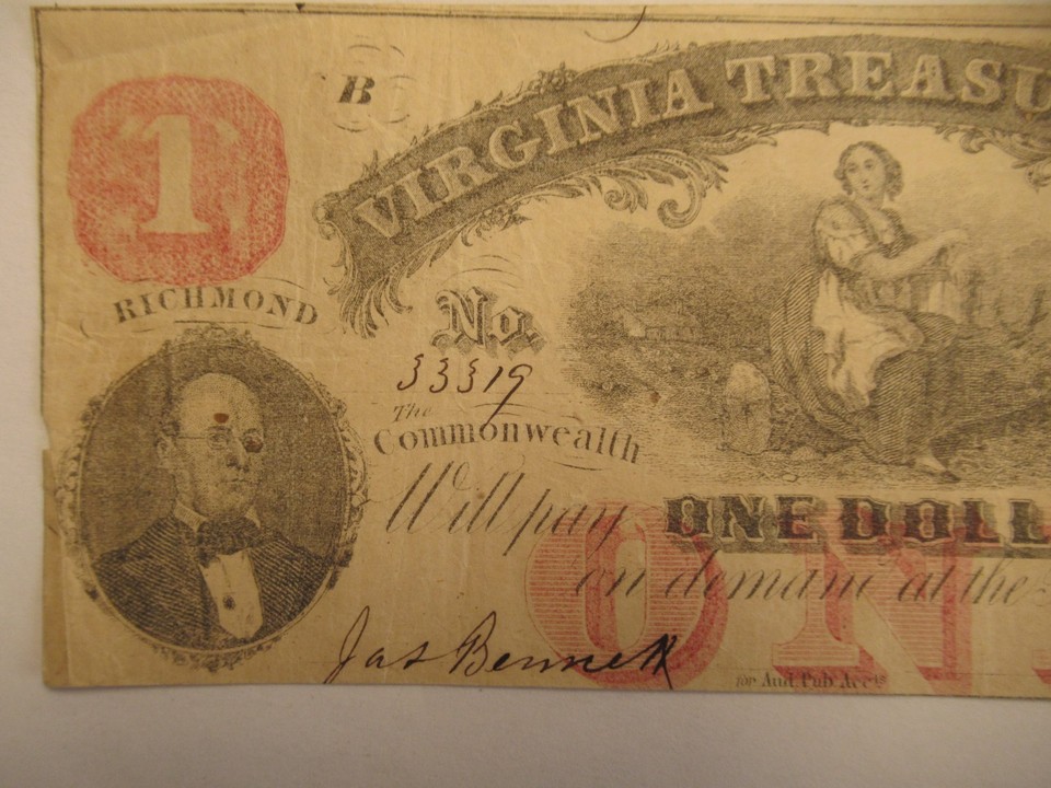 1862 Virginia Treasury Note, Richmond, $1 Note, obsolete note | eBay