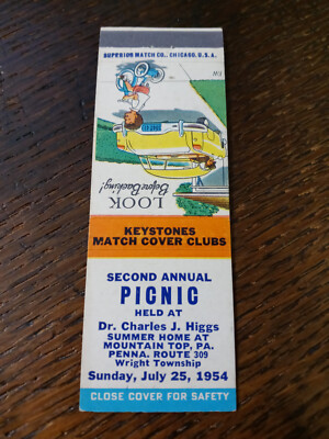 Vintage Matchbook: Keystone Club Picnic 1954, Mountain Top, PA | eBay