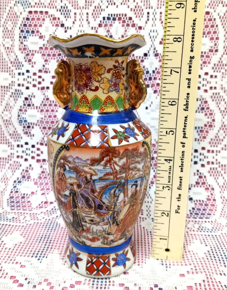 VTG Asian HAND PAINTED Porcelain VASE Geisha HORSE Gold Gilt Trim SET ...