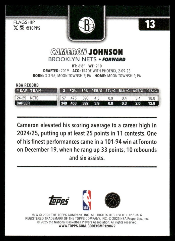 2025-26 Topps #13 Cameron Johnson Purple Holo Foil #/250 | eBay